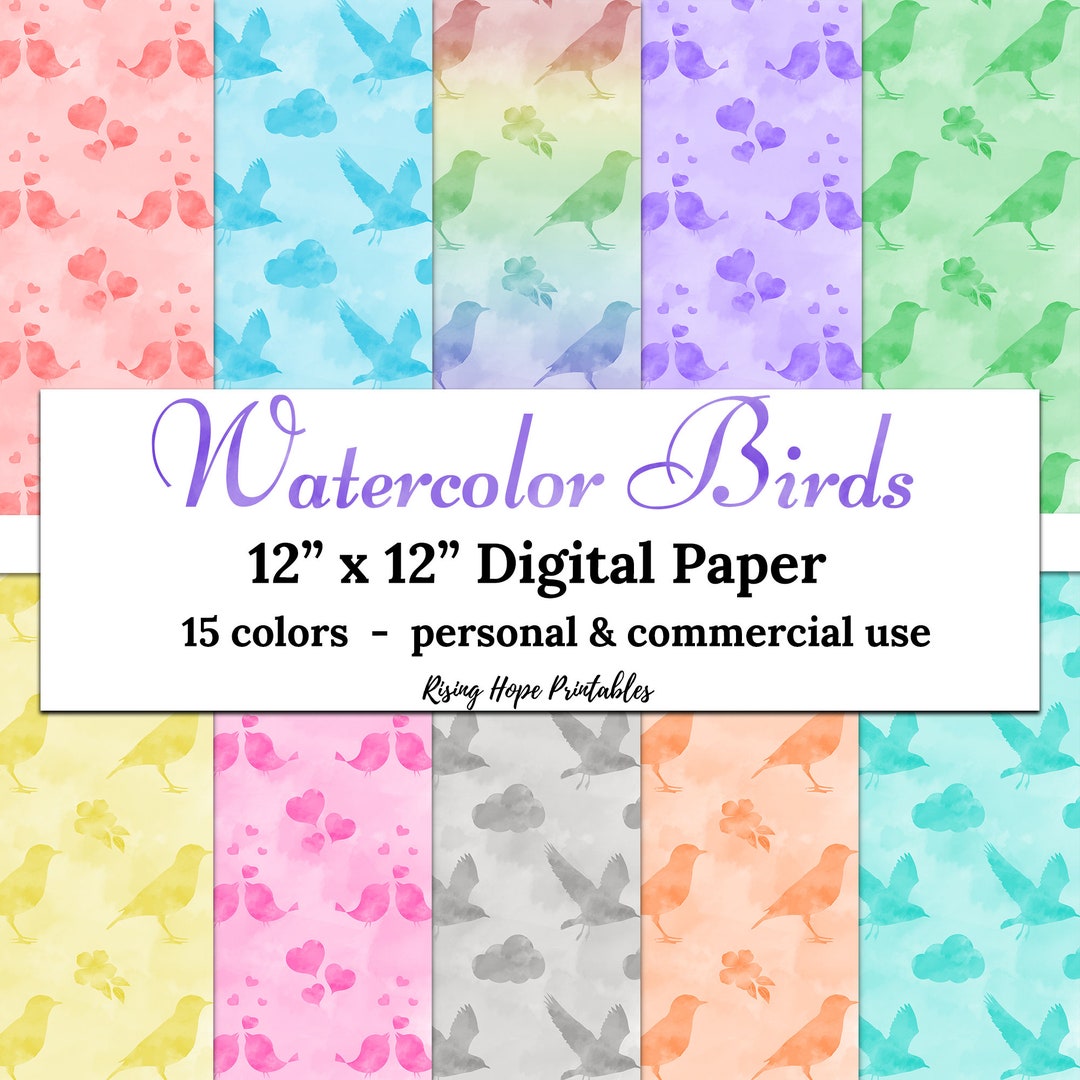Watercolor Bird Digital Paper- INSTANT DOWNLOAD, 12x12 15 Colors ...