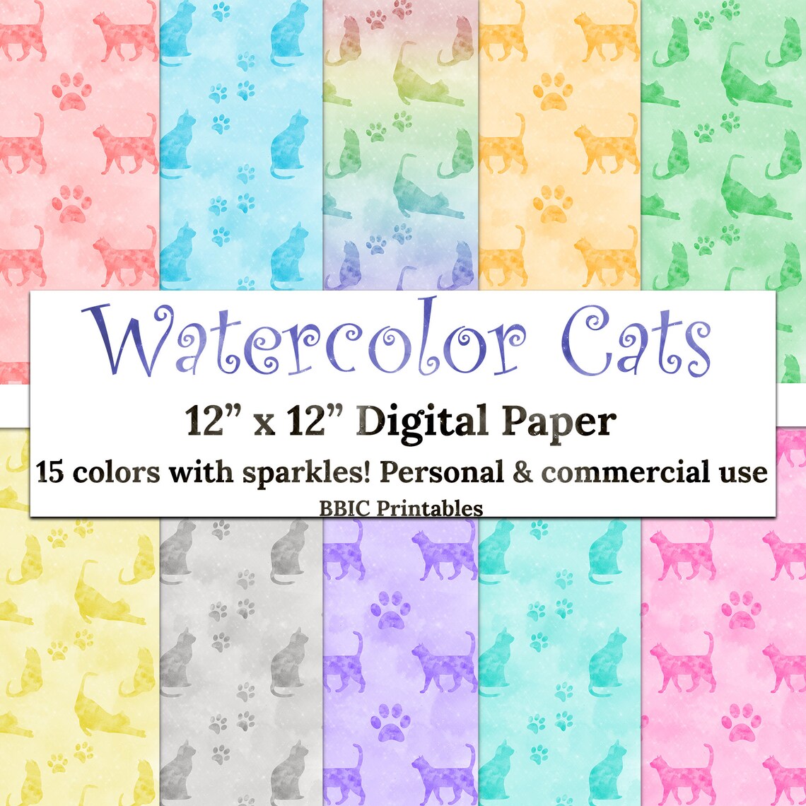 Watercolor Cat Digital Paper- INSTANT DOWNLOAD, 12x12 15 Colors Sparkle ...