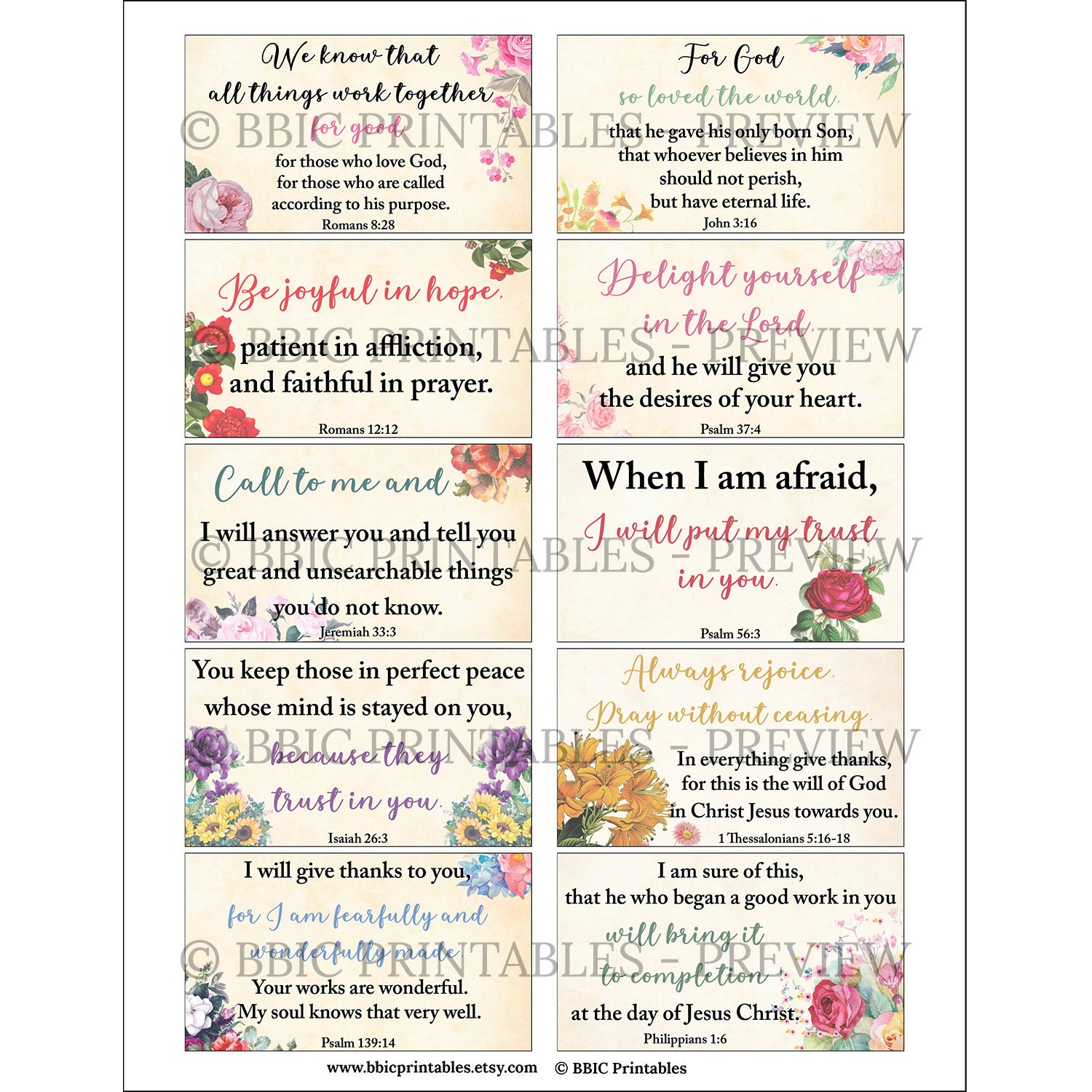 10 Floral Printable Scripture Cards -C4- INSTANT DOWNLOAD, Floral ...