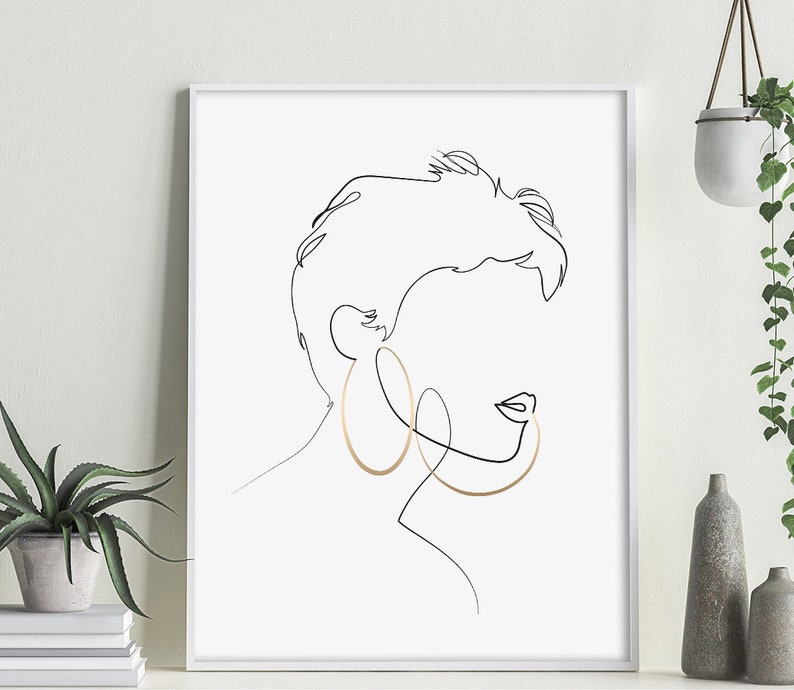 A Pair of Gold Earrings Line Art Print, Single Line Art, Earrings, Gold ...