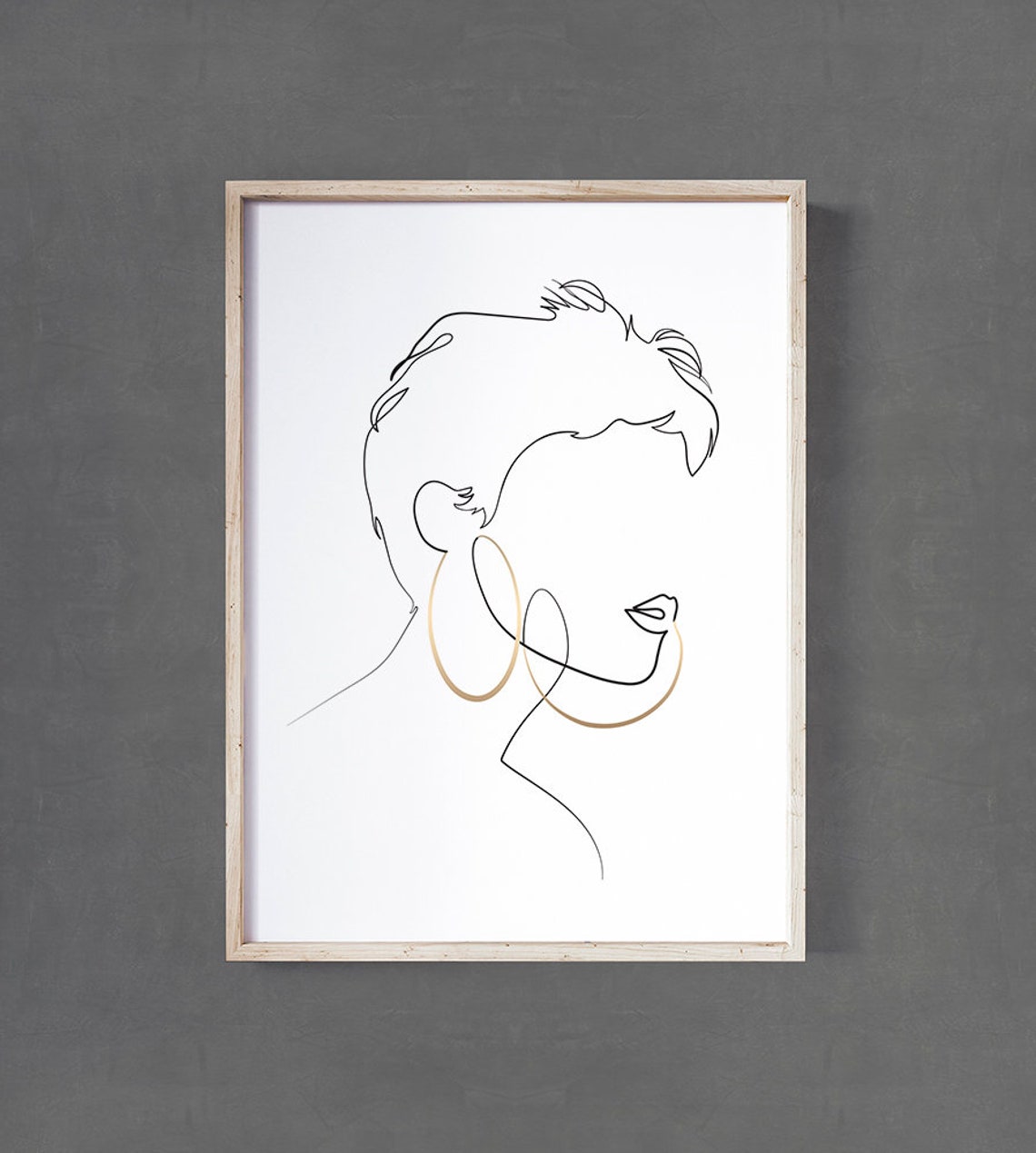 A Pair of Gold Earrings Line Art Print, Single Line Art, Earrings, Gold ...