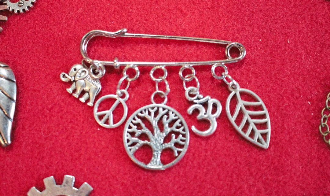 Kilt Pin Tree of Life, Elephant, Ohm, Leaf and Peace Charms - Etsy