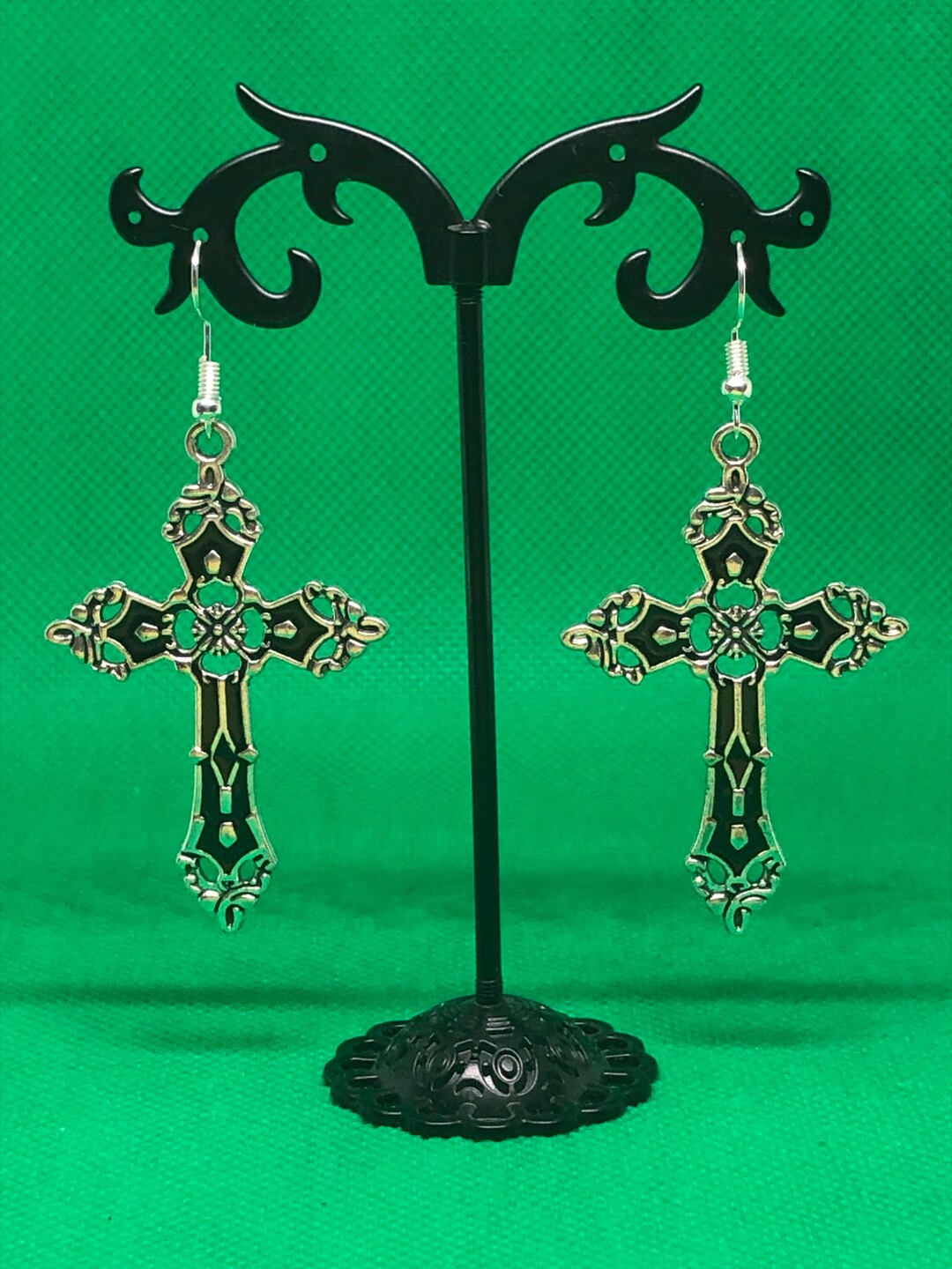 Large Silver and Black Cross Hook Earrings - Etsy