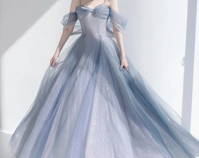 Glitter Blue Gray Tulle Slip Prom Dress,cottagecore Prom Dress,evening ...