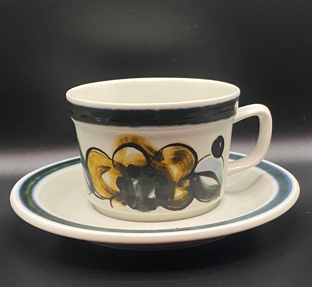 Stavanger Flint Norway Teacup and Saucer, Senja by Inger Waage. Handpainted Mid Modern Pottery ...