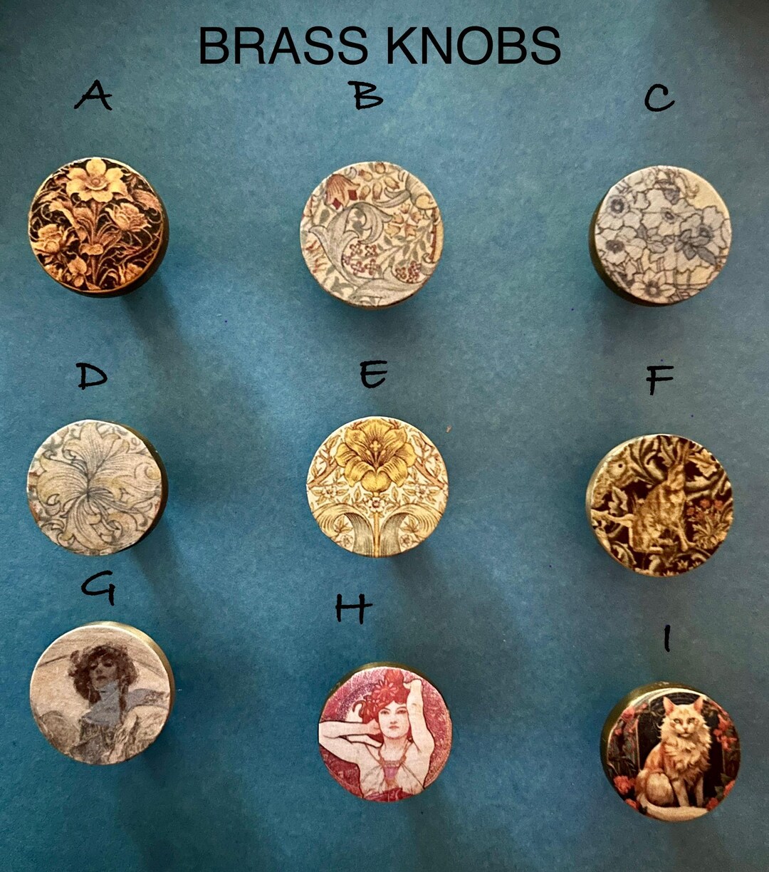 Designers William MORRIS & Alphonse MUCHA Furniture Knobs/ Pulls . Round 1.25" Solid Metal Brass ...