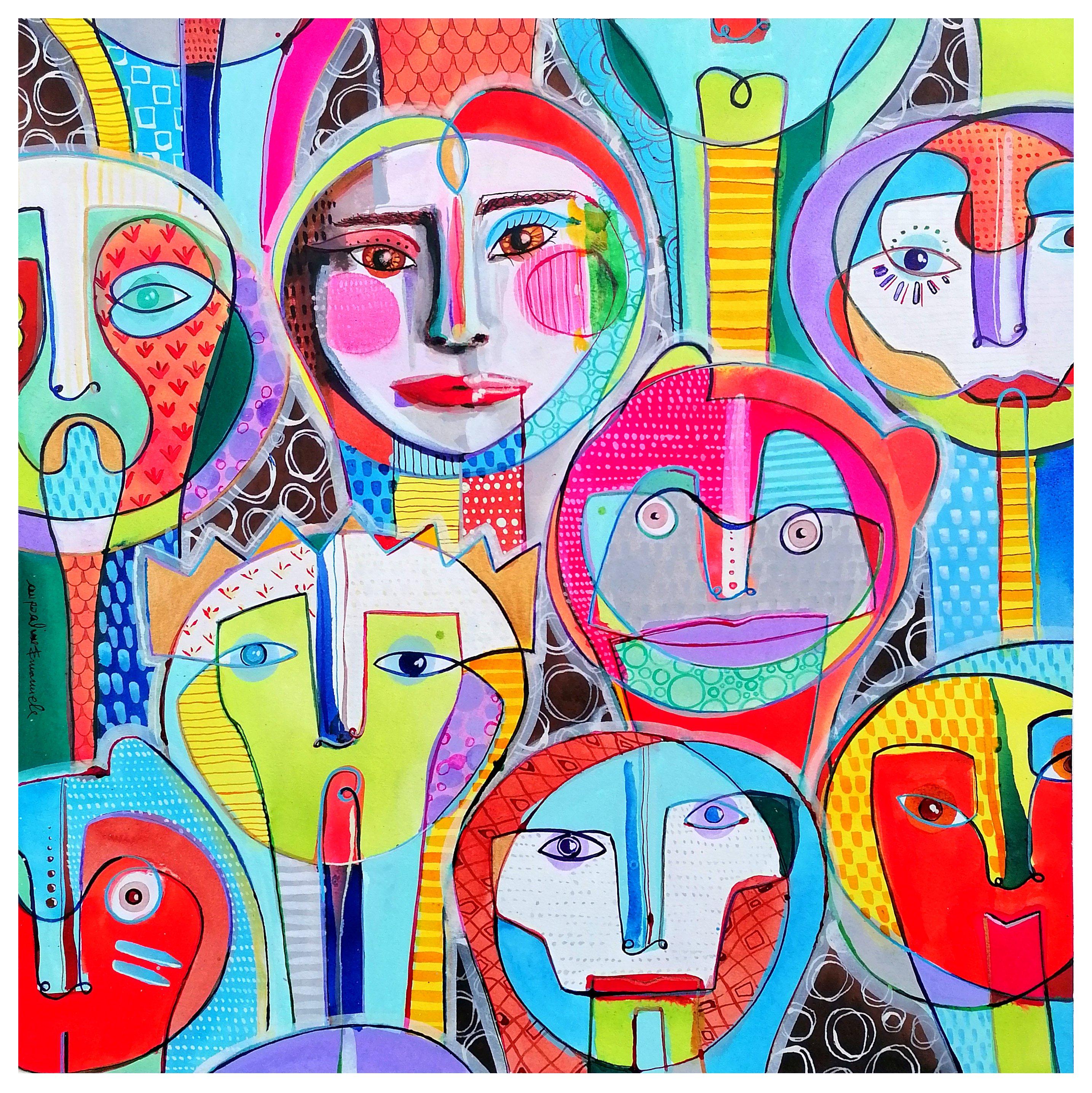Illustration With People's Faces, Surreal Painting With Faces, Unique ...