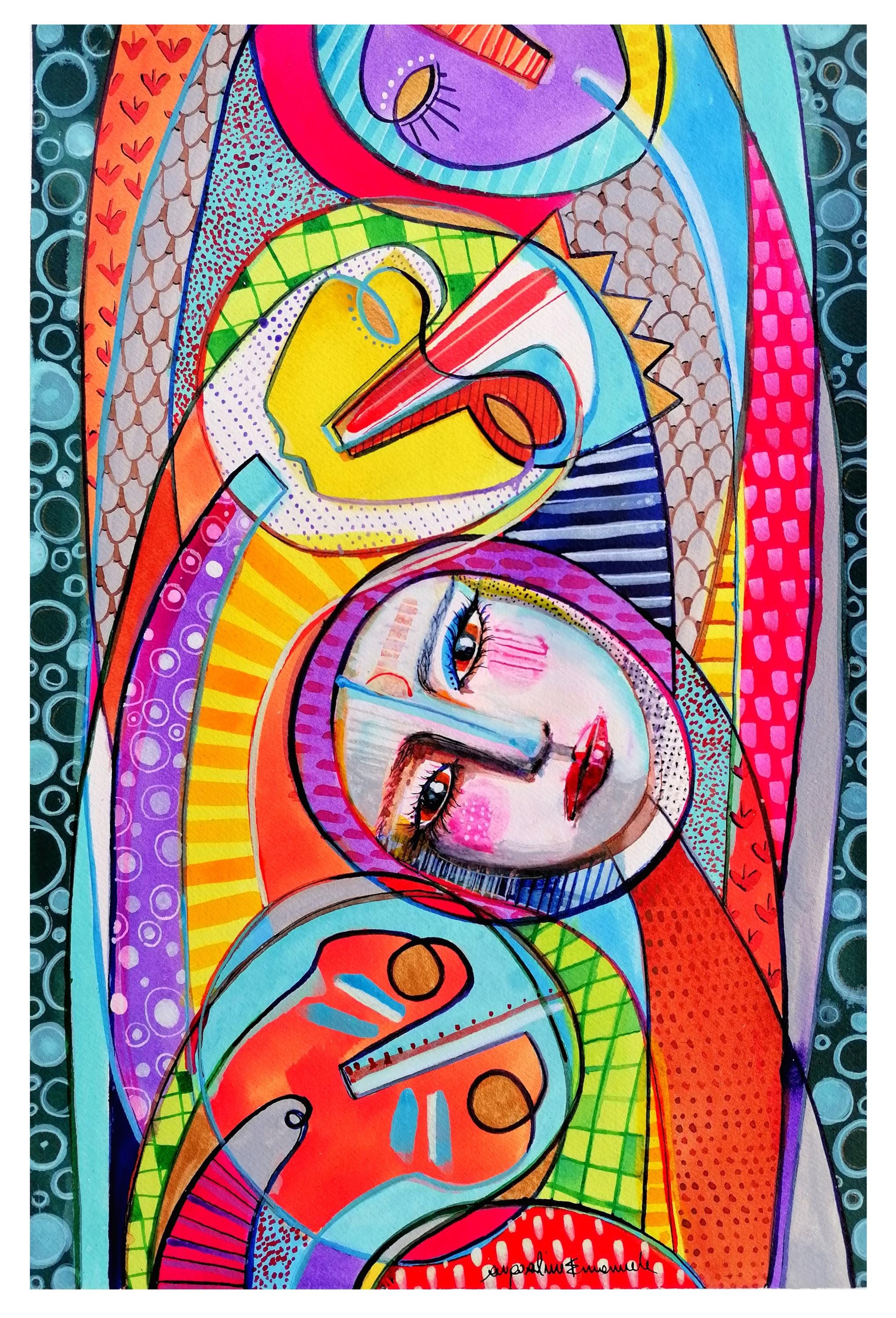 Surreal Painting With Faces, Pop Illustration With a Woman's Face ...