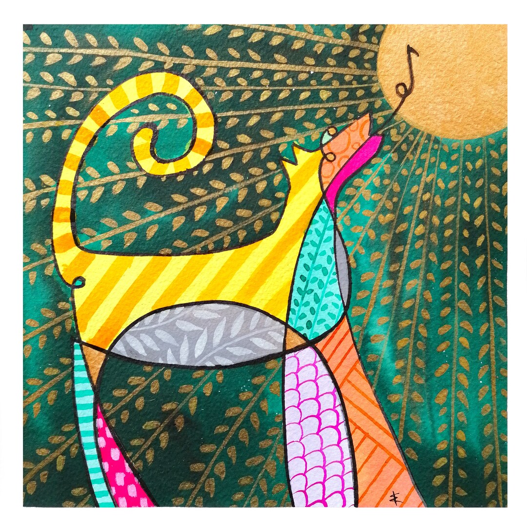Painting With Stylized Dog, Ethnic Illustration With Wolf, India Ink on ...