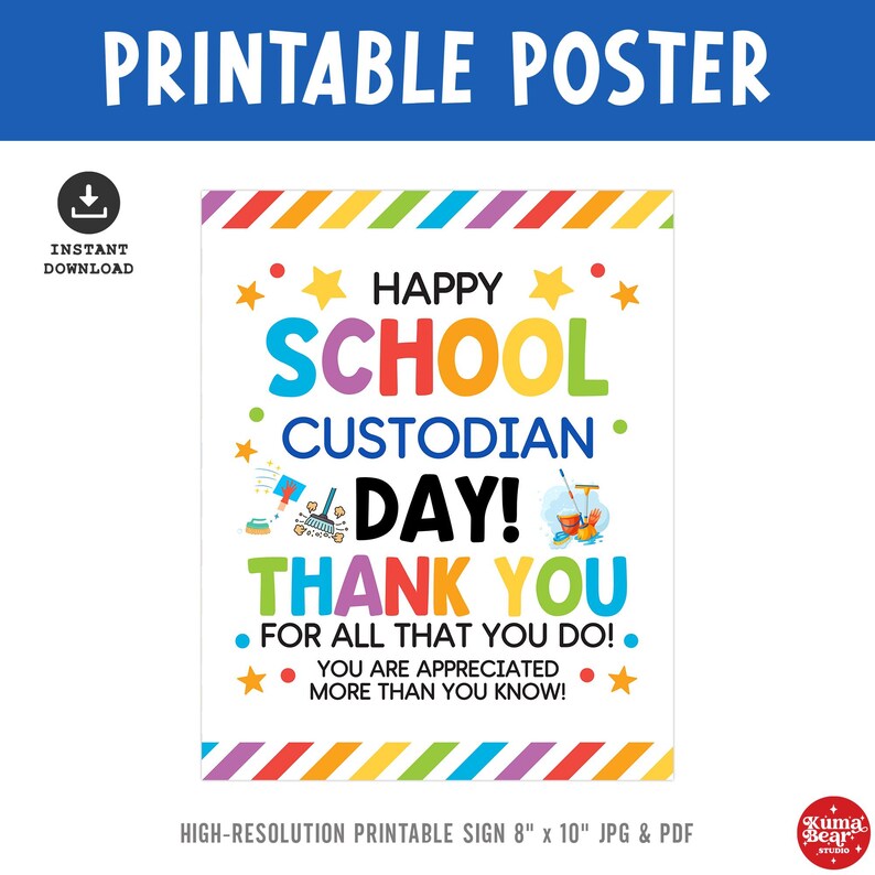 School Custodian Day Sign Printable - Thank You Poster for Custodian ...