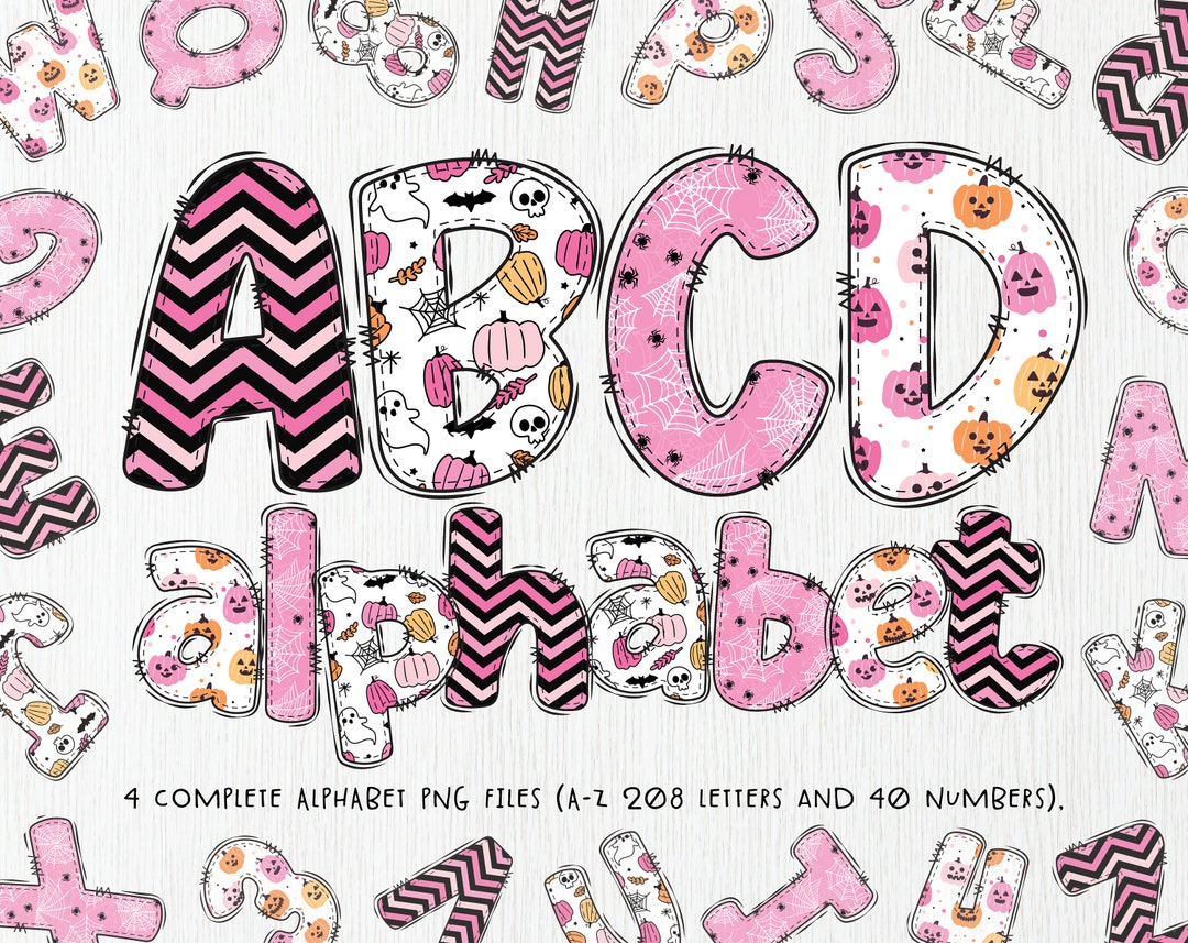 Pink Halloween Alphabet, Halloween Doodle Alphabet Bundle, Halloween ...