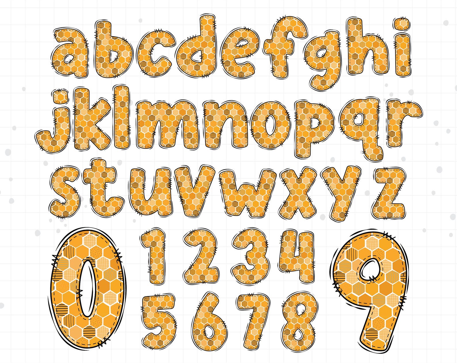 Honey Bee Alphabet PNG Bundle: Hand-drawn Doodle Letters & Numbers ...