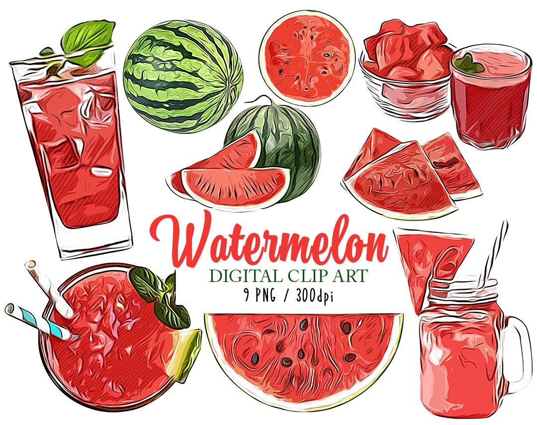 Watermelon Clip Art Watermelon Fun Clipart Set Bunting Drinks | Etsy
