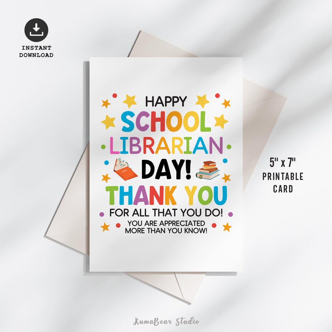 Thank You Card School Librarians Printable, School Librarian Day Cards ...