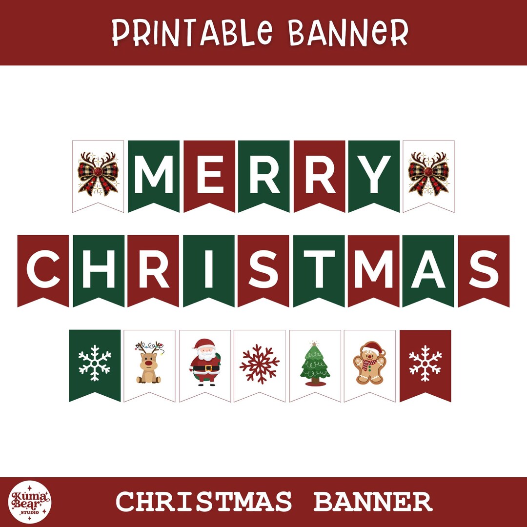 Merry Christmas Printable Banner Deep Red & Green Holiday Bunting Flags ...