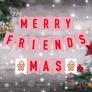 Merry Friendsmas Banner Printable Pink Christmas Banner Garland, Pink ...
