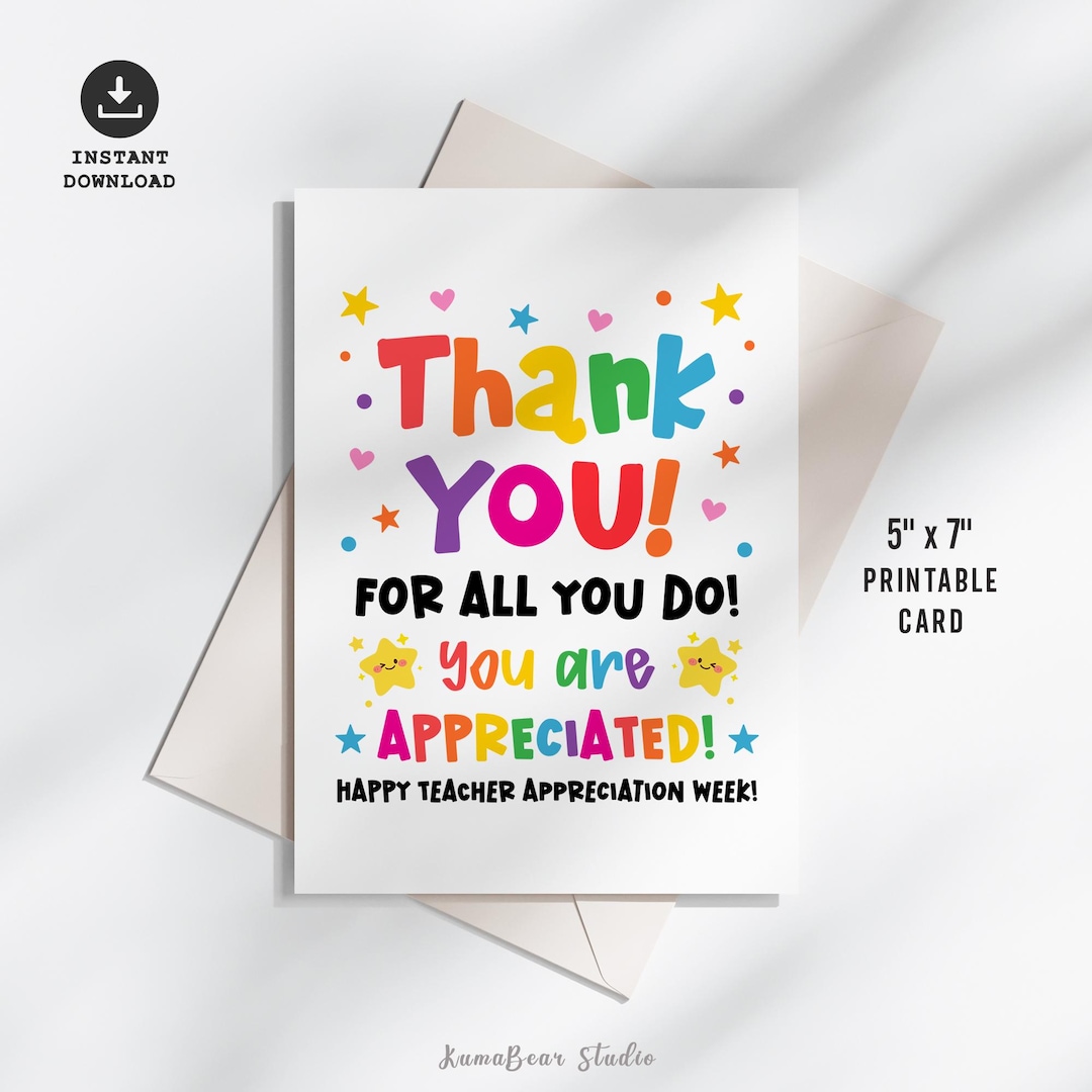 Teacher Appreciation Week Printable Card, School Staff Gift Thank You ...