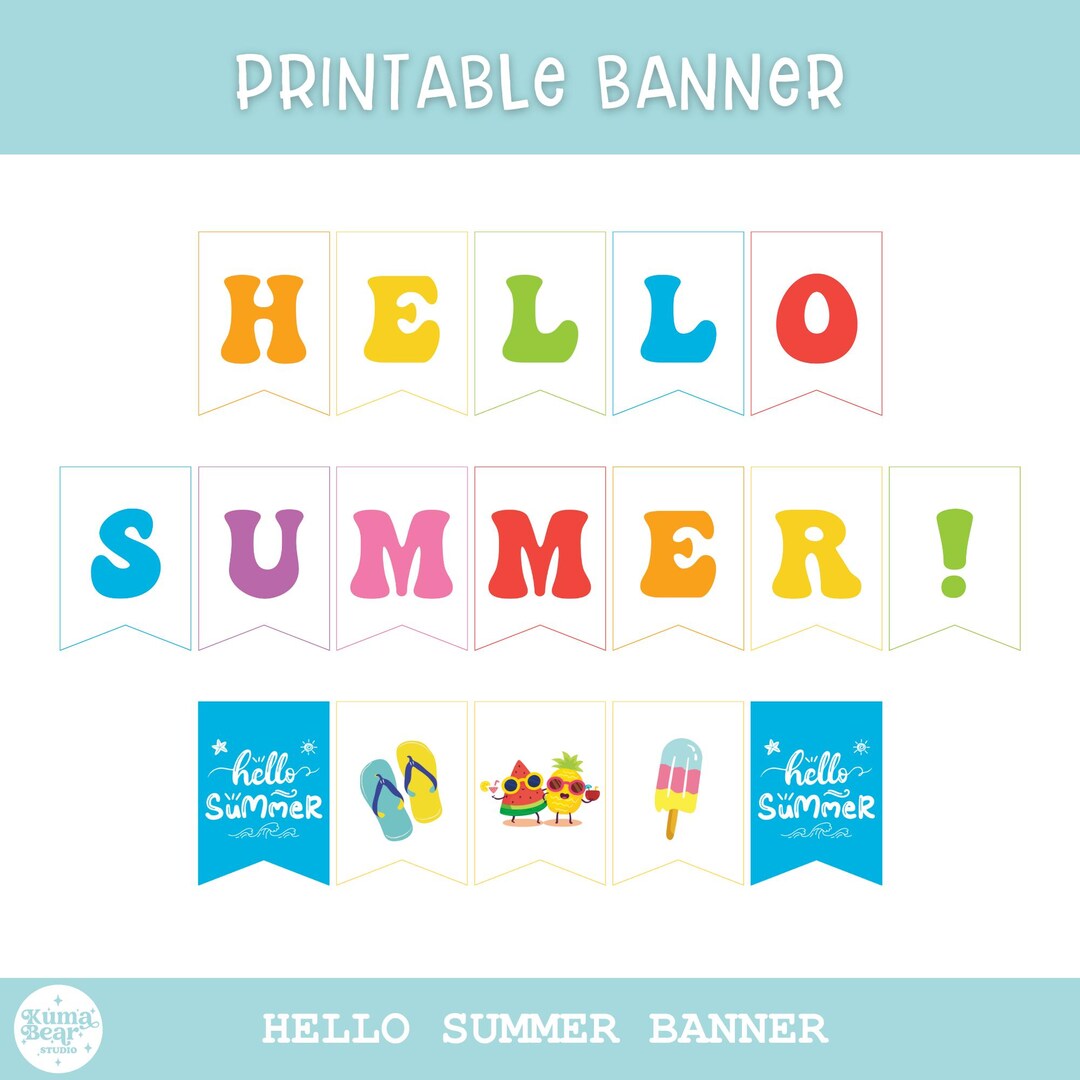 Hello Summer Banner Printable, Retro Summer Party Banner, Kids Pool ...