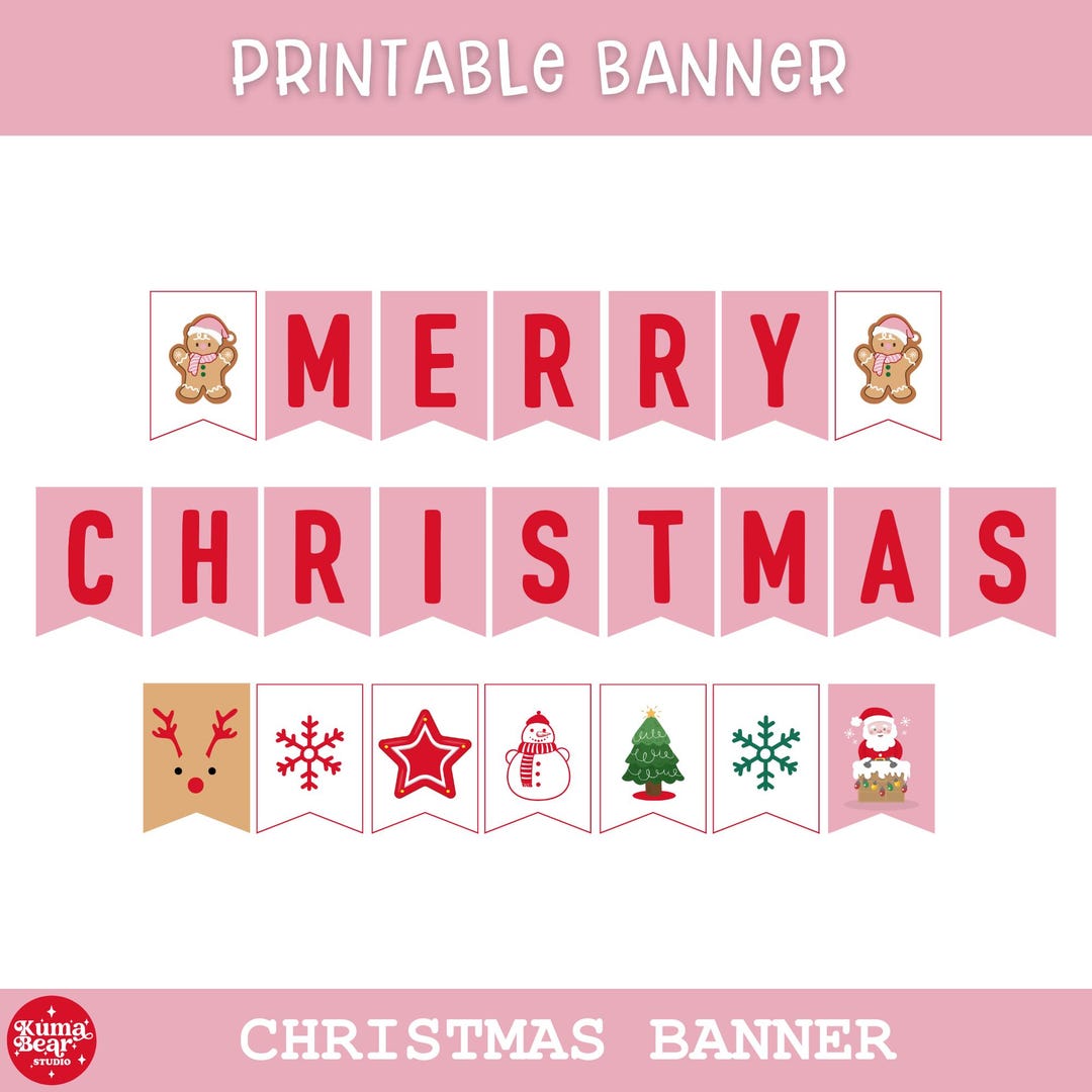 Pink Christmas Banner Garland - Printable Holiday Party Bunting Flags ...