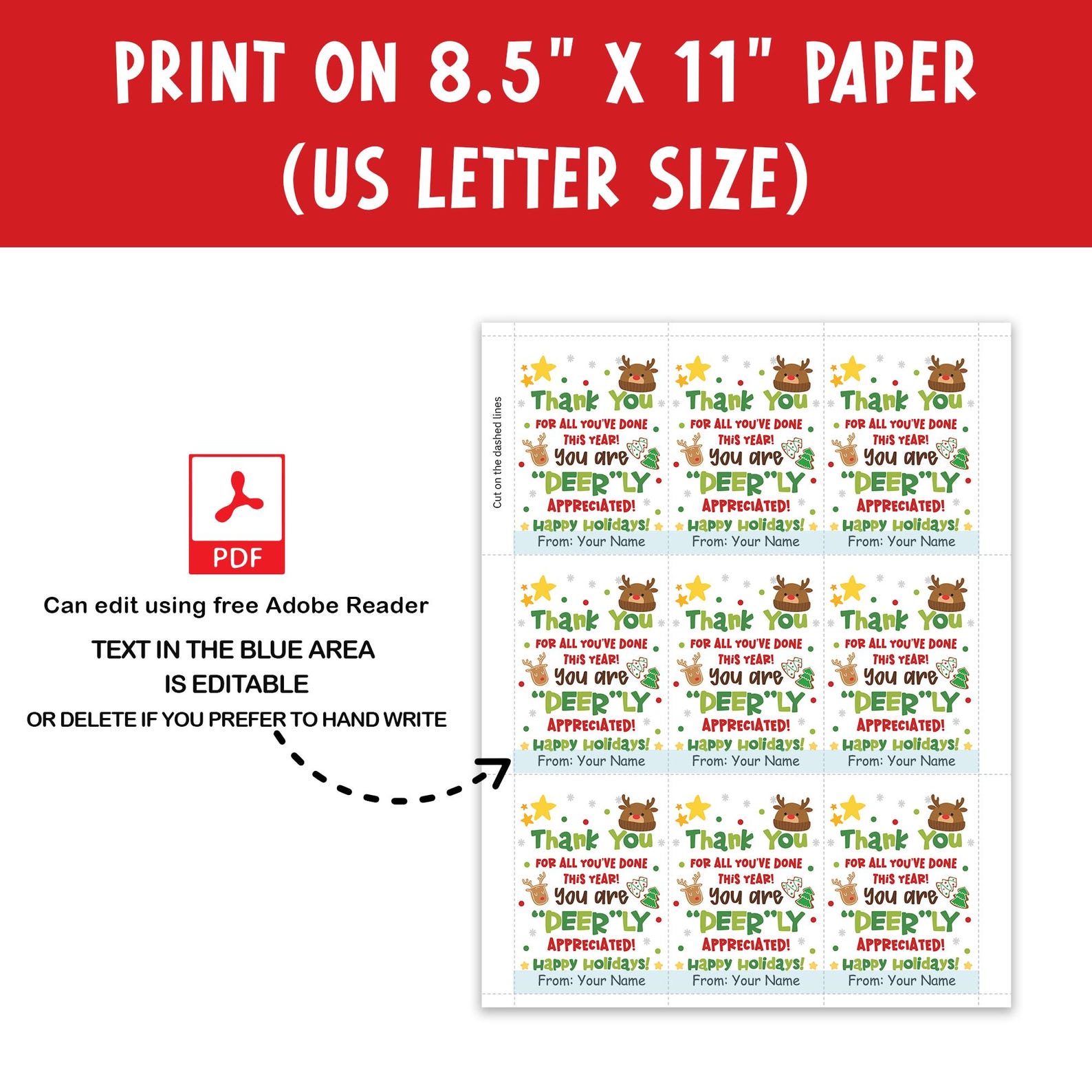 Christmas Appreciation Thank You Gift Tag Printable, Reindeer Treat ...