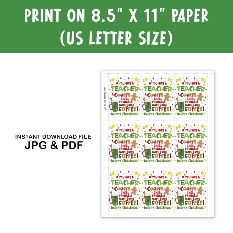 Teacher Christmas Gift Tag Printable, Funny Holiday Cookie Coffee Thank ...