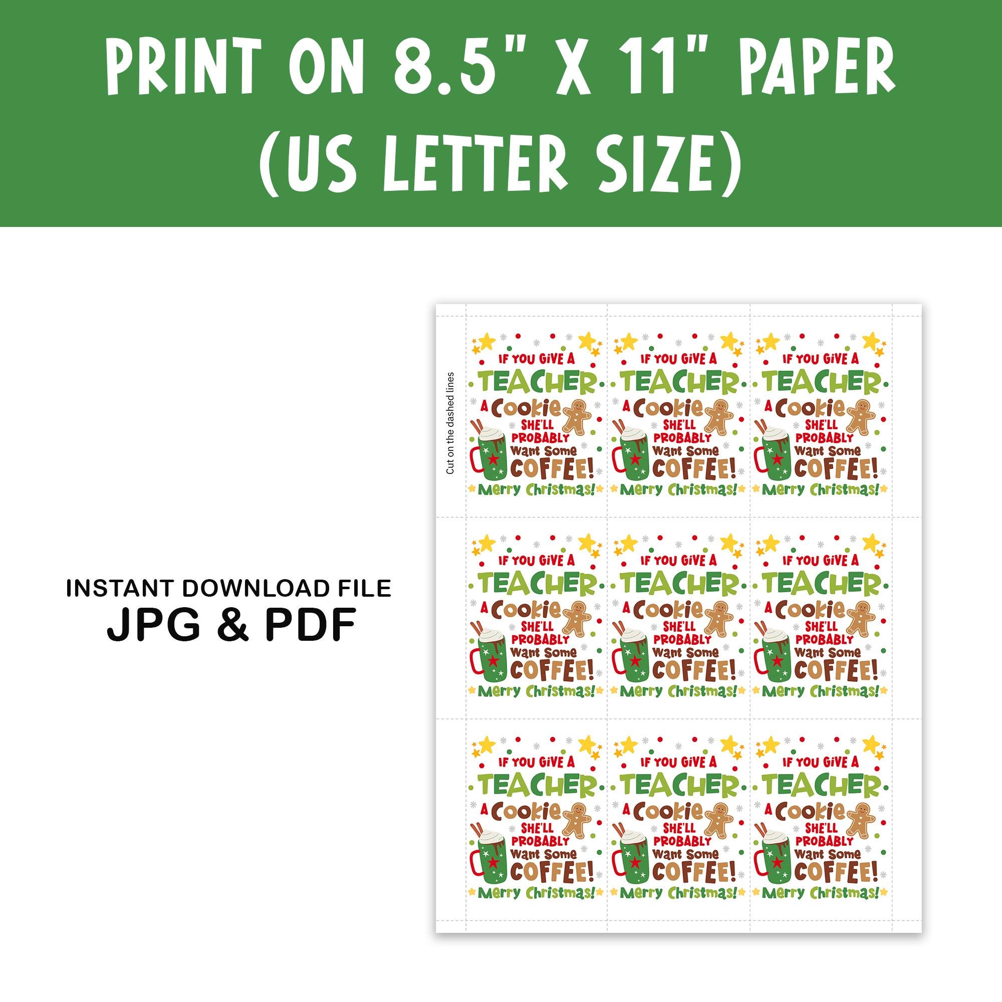 Teacher Christmas Gift Tag Printable, Funny Holiday Cookie Coffee Thank ...