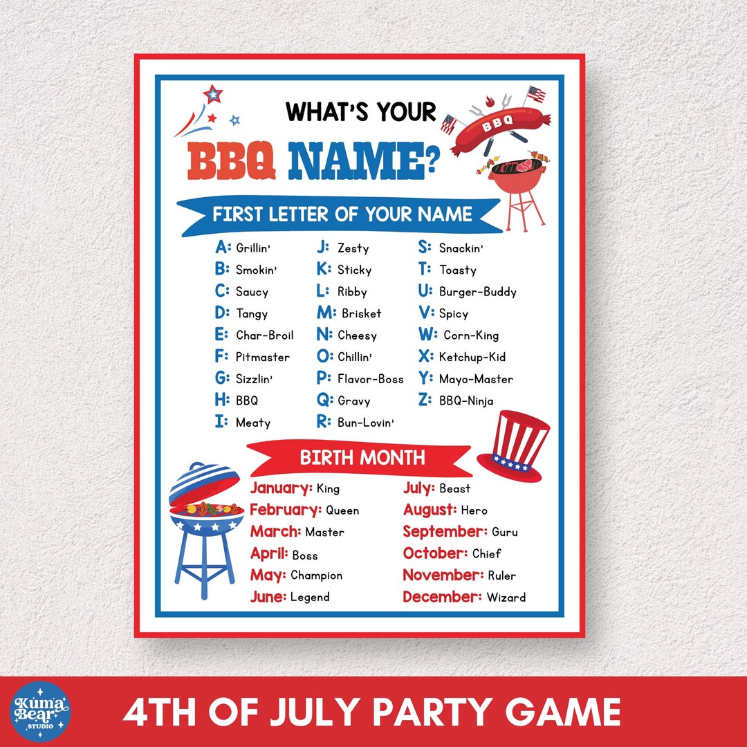 4th of July Game Printable, BBQ Name Game, Patriotic Name Generator ...