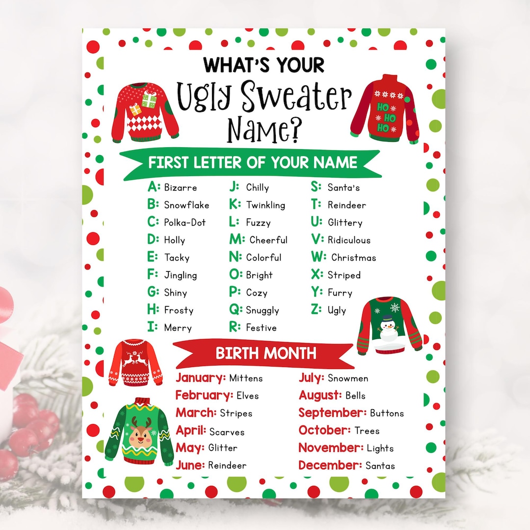 Printable Christmas Name Game, What's Your Ugly Sweater Name Game ...