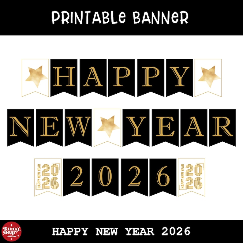 Happy New Year 2026 Printable Banner, Elegant Black Gold New Years Eve ...