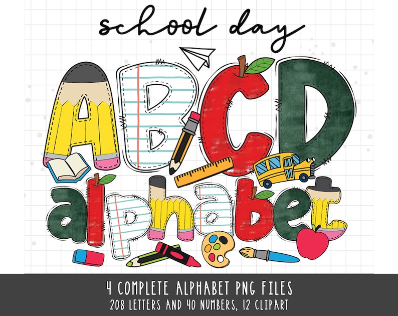 School Doodle Alphabet Bundle School PNG Letters Numbers & - Etsy