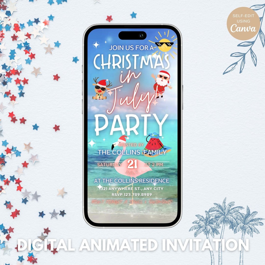 Christmas in July Invitation, Animated Summer Pool Party Digital ...