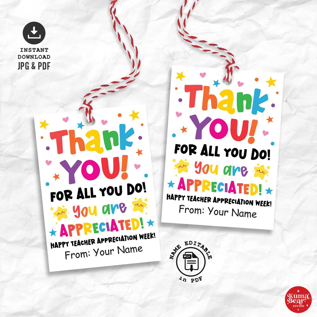 Teacher Appreciation Week Gift Tags Printable, School Staff Thank You ...