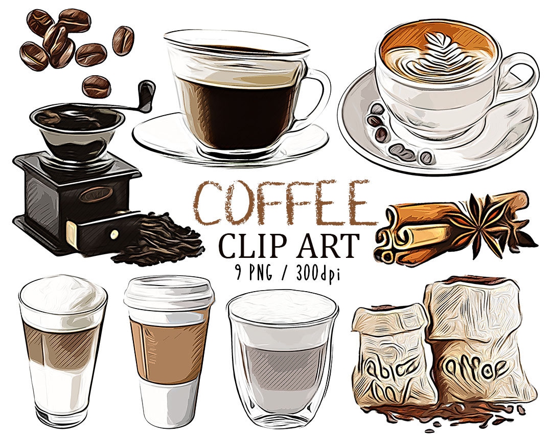 Coffee Cup Clipart Set Coffee Shop Cafe and Pastries Coffee Beans Water ...
