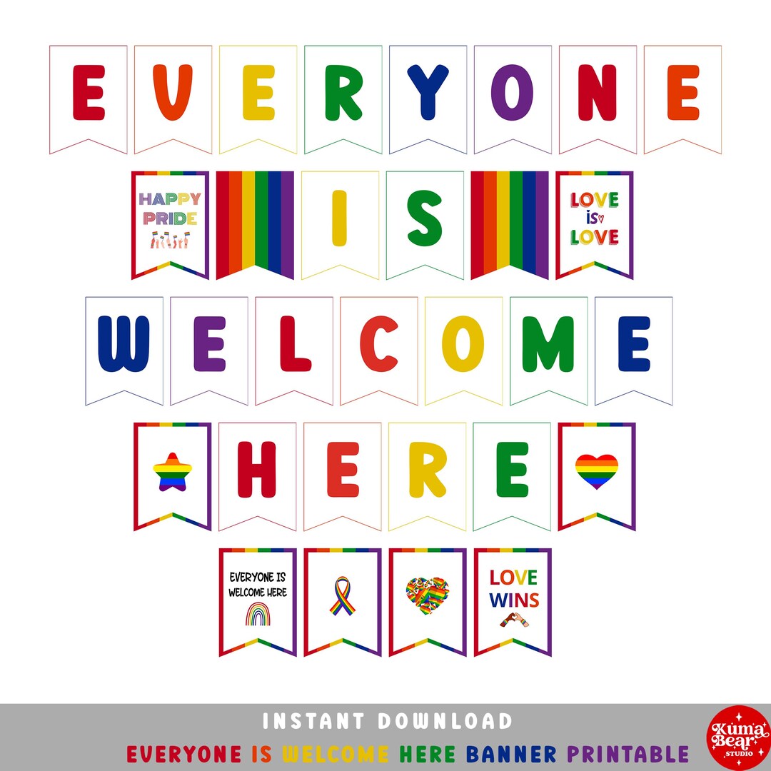 Everyone is Welcome Here Pride Banner Printable, LGBTQ Rainbow Wall ...