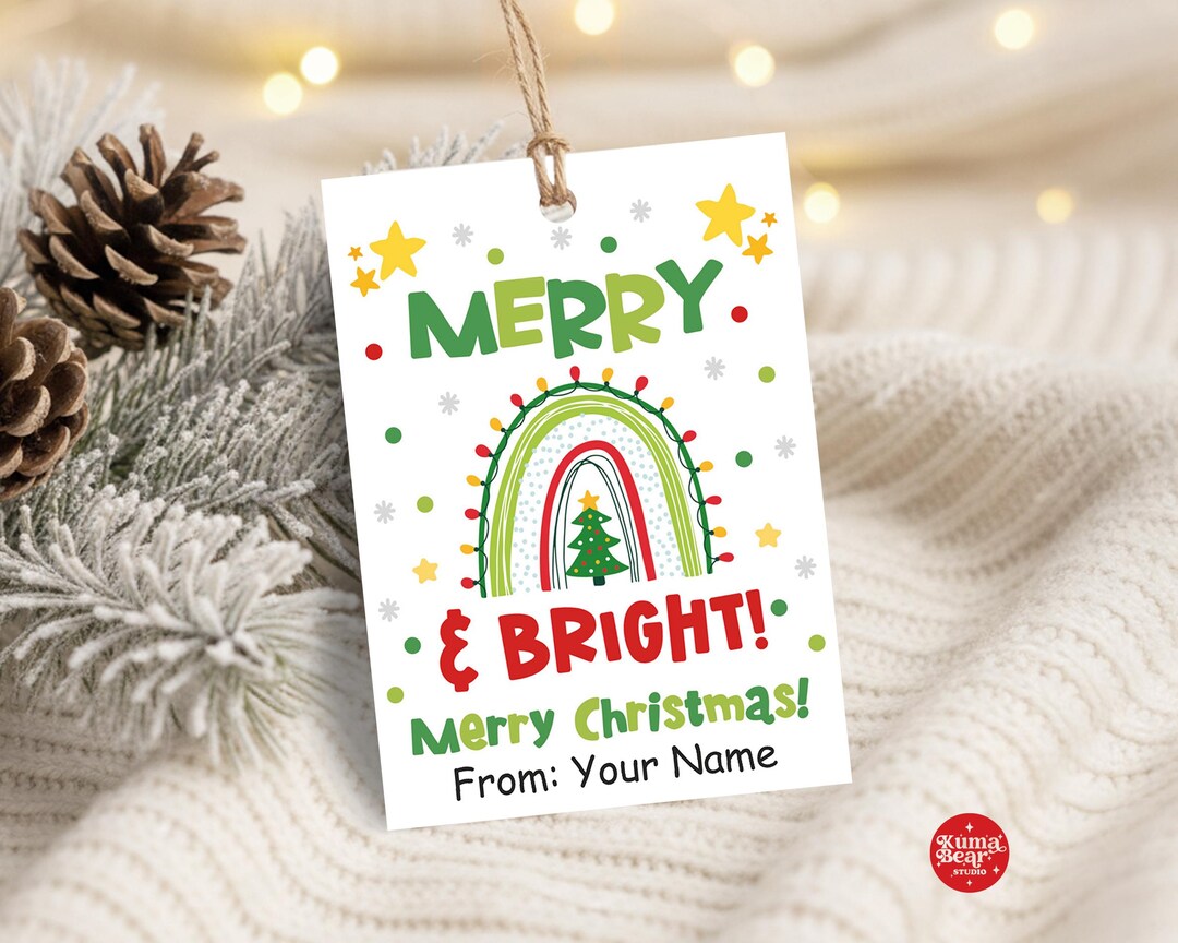 Merry & Bright Christmas Gift Tags Printable, Kids Holiday Treat Tag ...