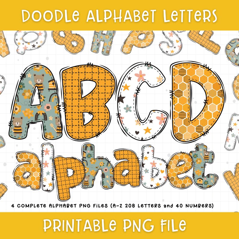 Honey Bee Alphabet PNG Bundle: Hand-drawn Doodle Letters & Numbers ...