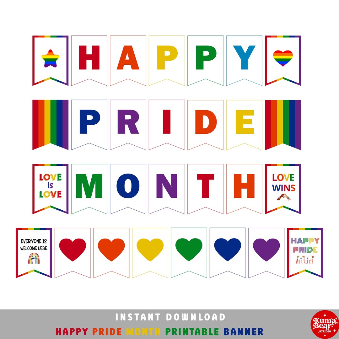 Printable Happy Pride Month Banner, LGBTQ Rainbow Heart Garland, Love ...