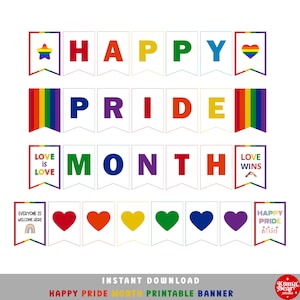 Printable Happy Pride Month Banner, LGBTQ Rainbow Heart Garland, Love ...
