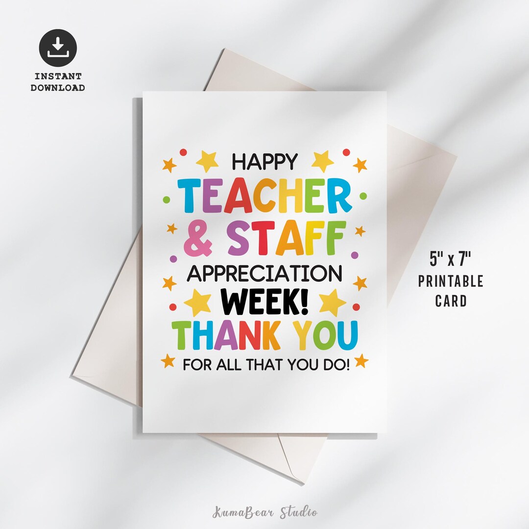Teacher Staff Appreciation Greeting Card Printable With Rainbow Letters ...