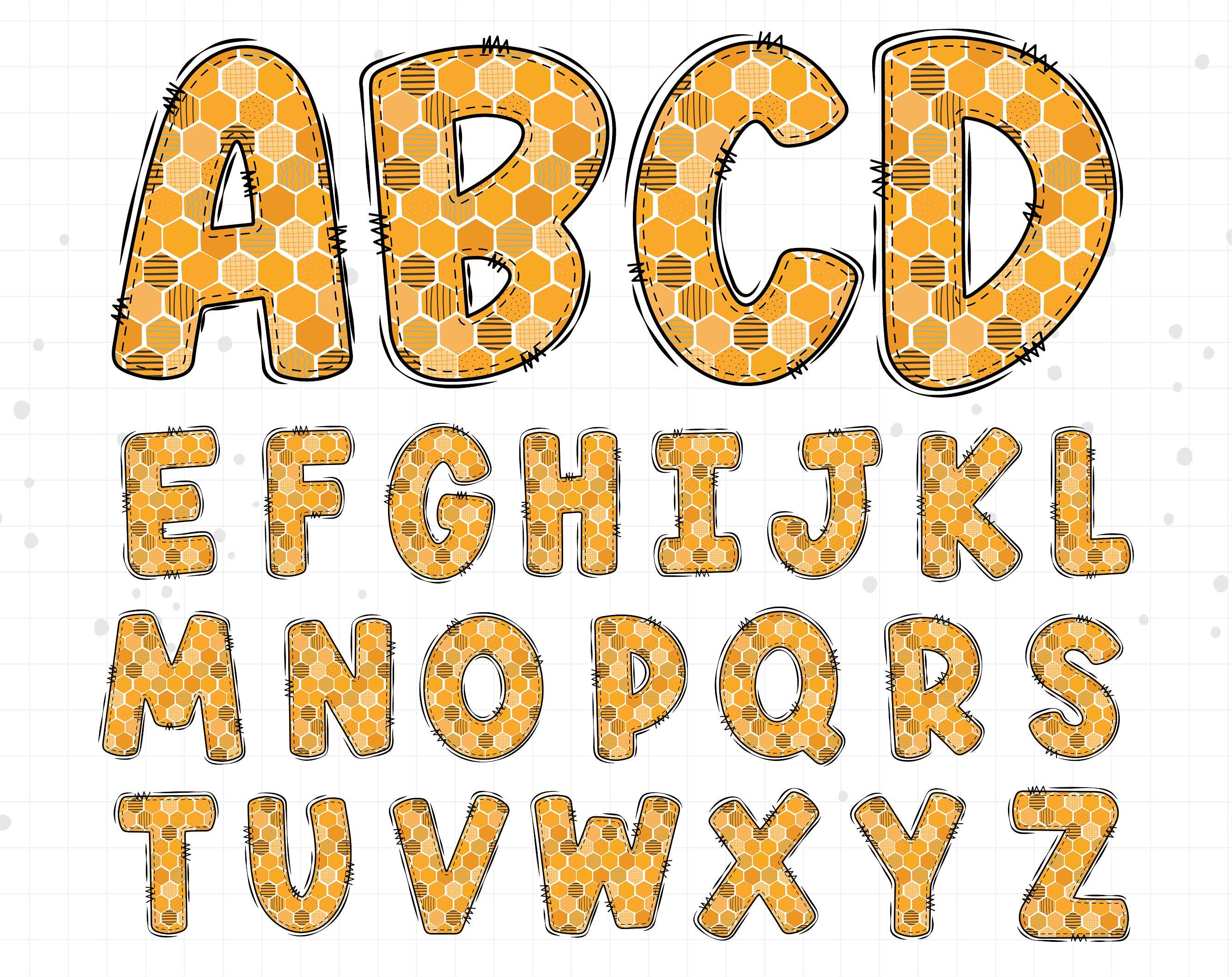 Honey Bee Alphabet PNG Bundle: Hand-drawn Doodle Letters & Numbers ...
