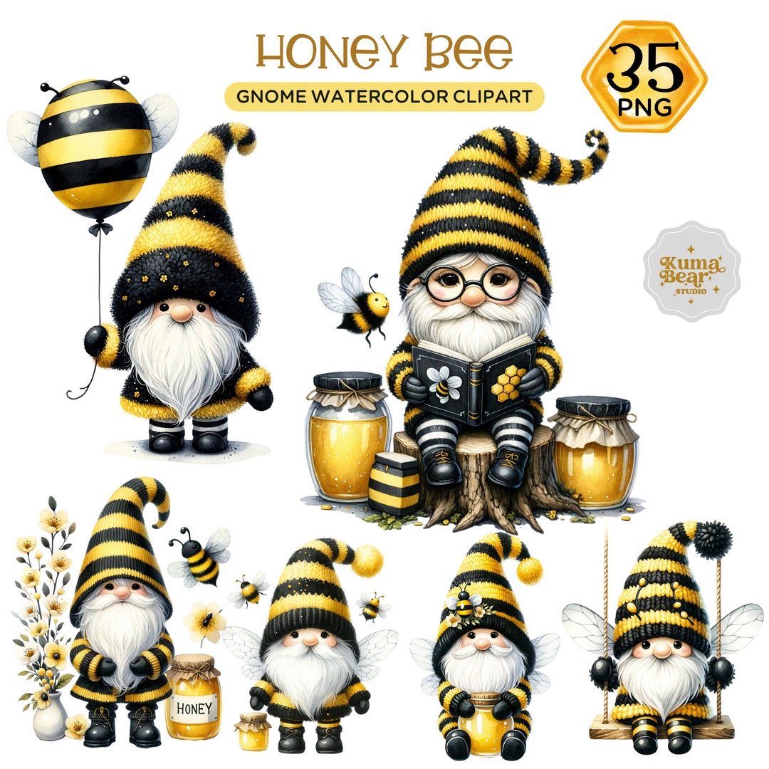 Bee Gnome Watercolor Clipart, Bee Gnome Clipart Bundle, Spring Gnome ...