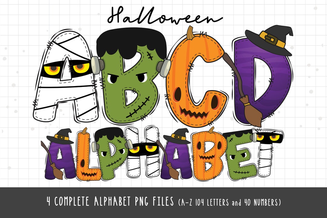 Halloween Doodle Alphabet Clipart Bundle, Spooky A-Z Letters & Numbers ...