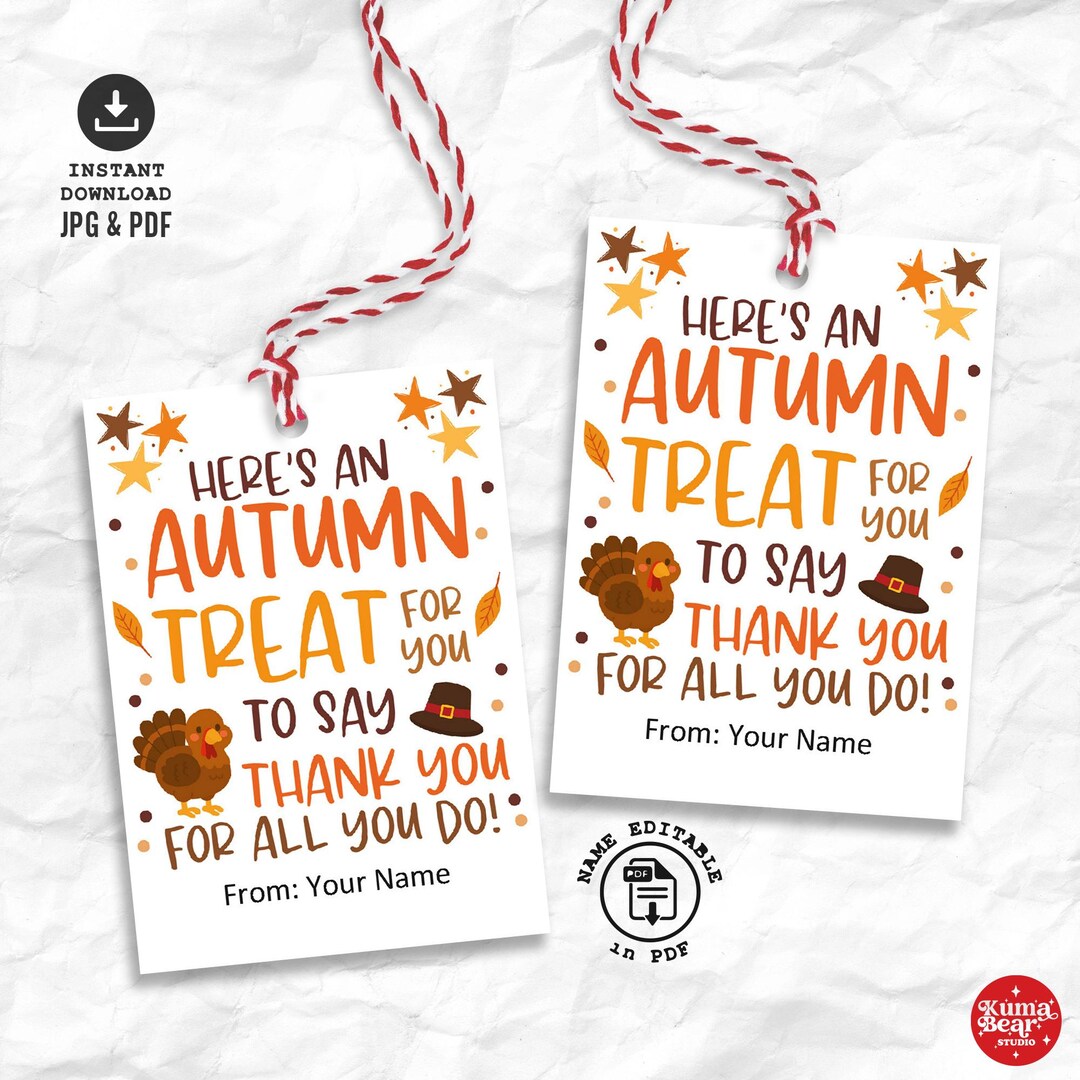 Autumn Treat Gift Tags, Thanksgiving Favor Tags, Fall Printable Thank ...