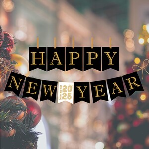 Printable Banner Happy New Year 2025, New Year Party Decor, New Year’s ...