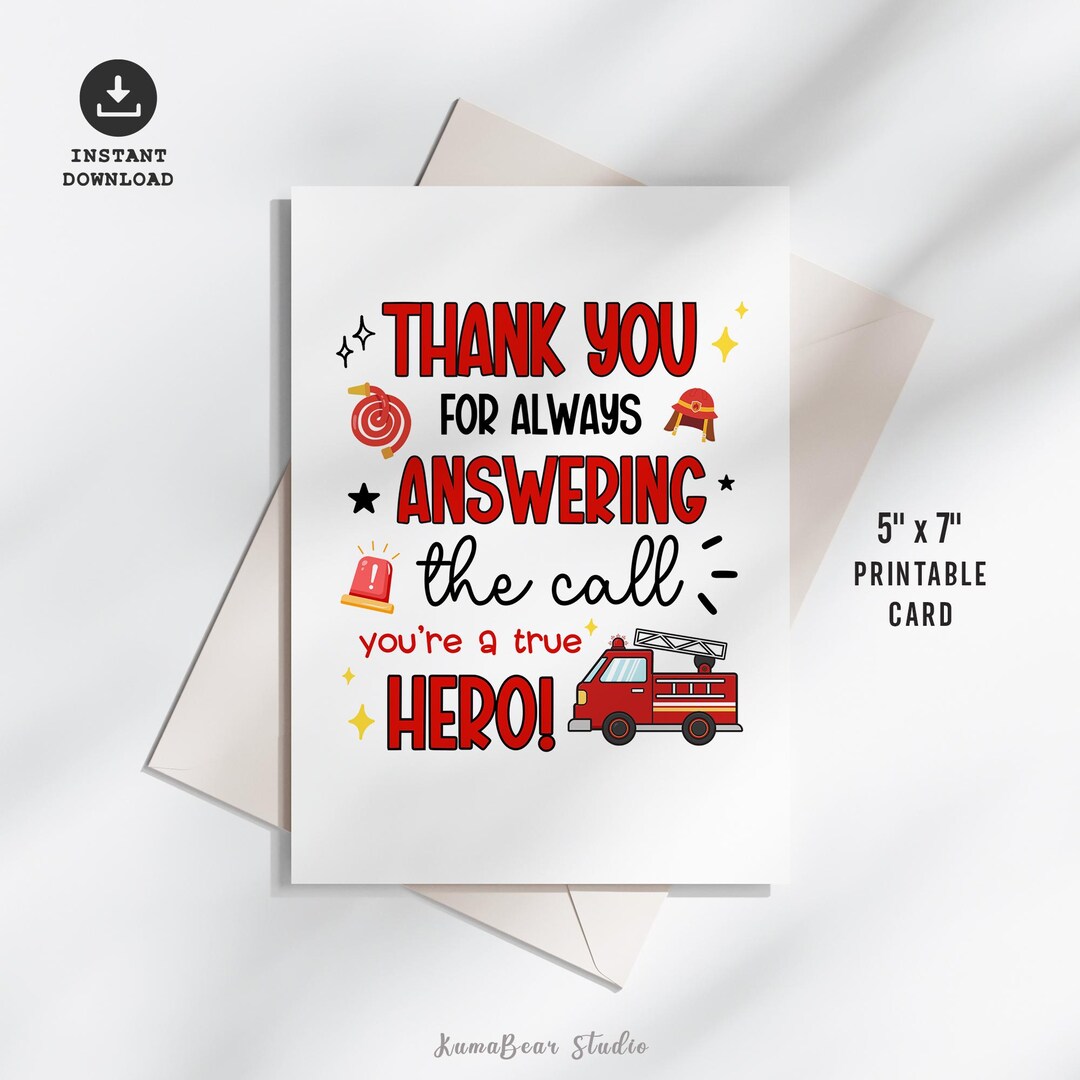 Firefighter Thank You Card Printable: Hero Appreciation (PDF Download ...