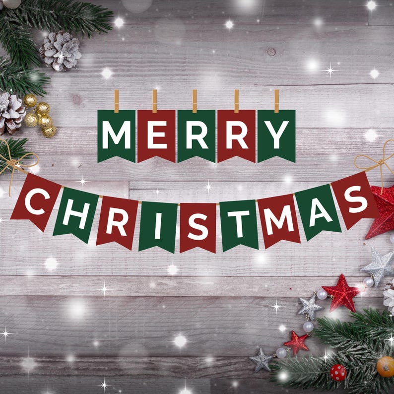 Merry Christmas Printable Banner Deep Red & Green Holiday Bunting Flags ...