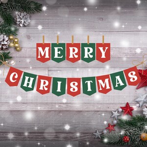 Red Green Christmas Banner Printable Festive Garland Decor, Snowflake ...