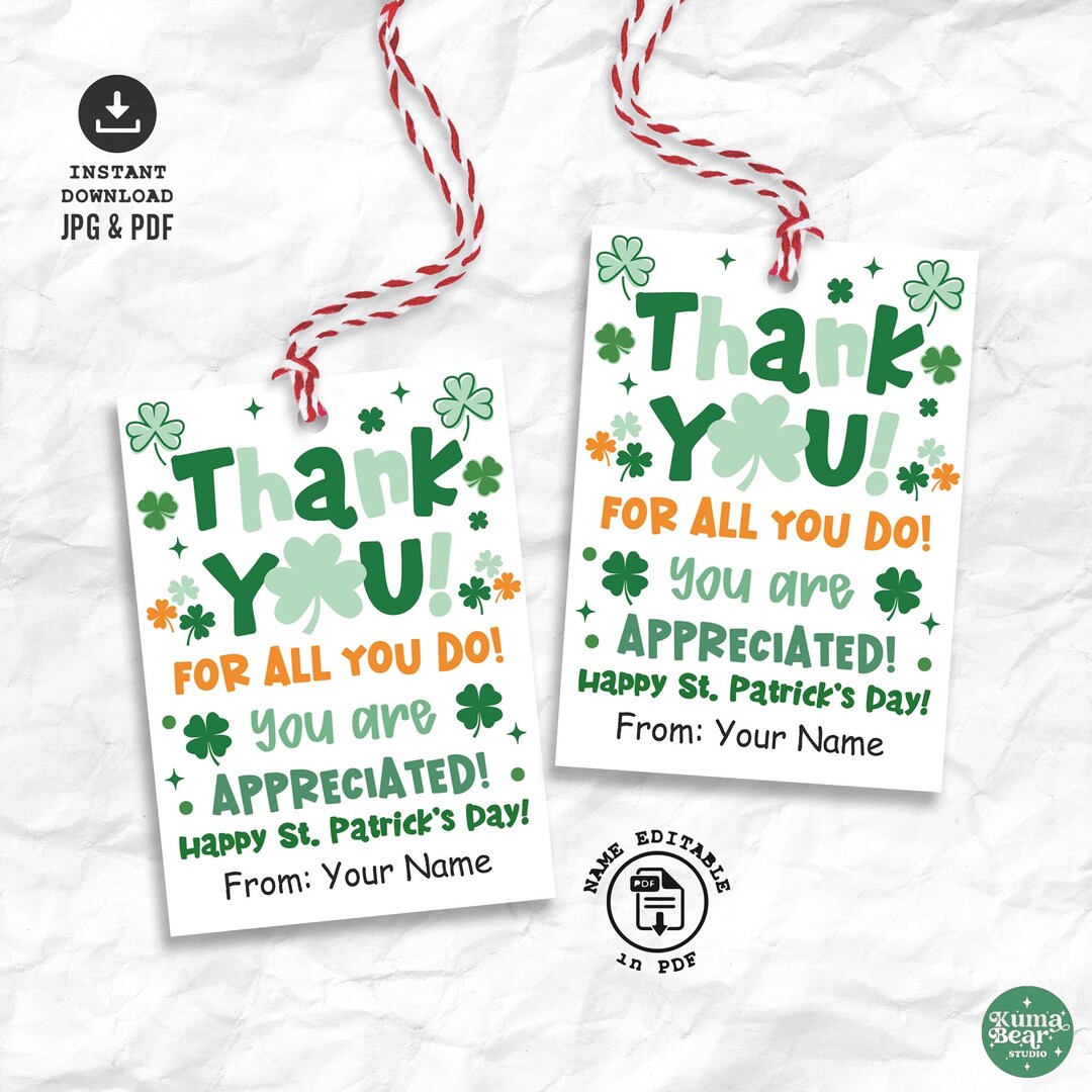 Appreciation Gift Tag, St Patrick's Day Thank You Tags for Teachers ...