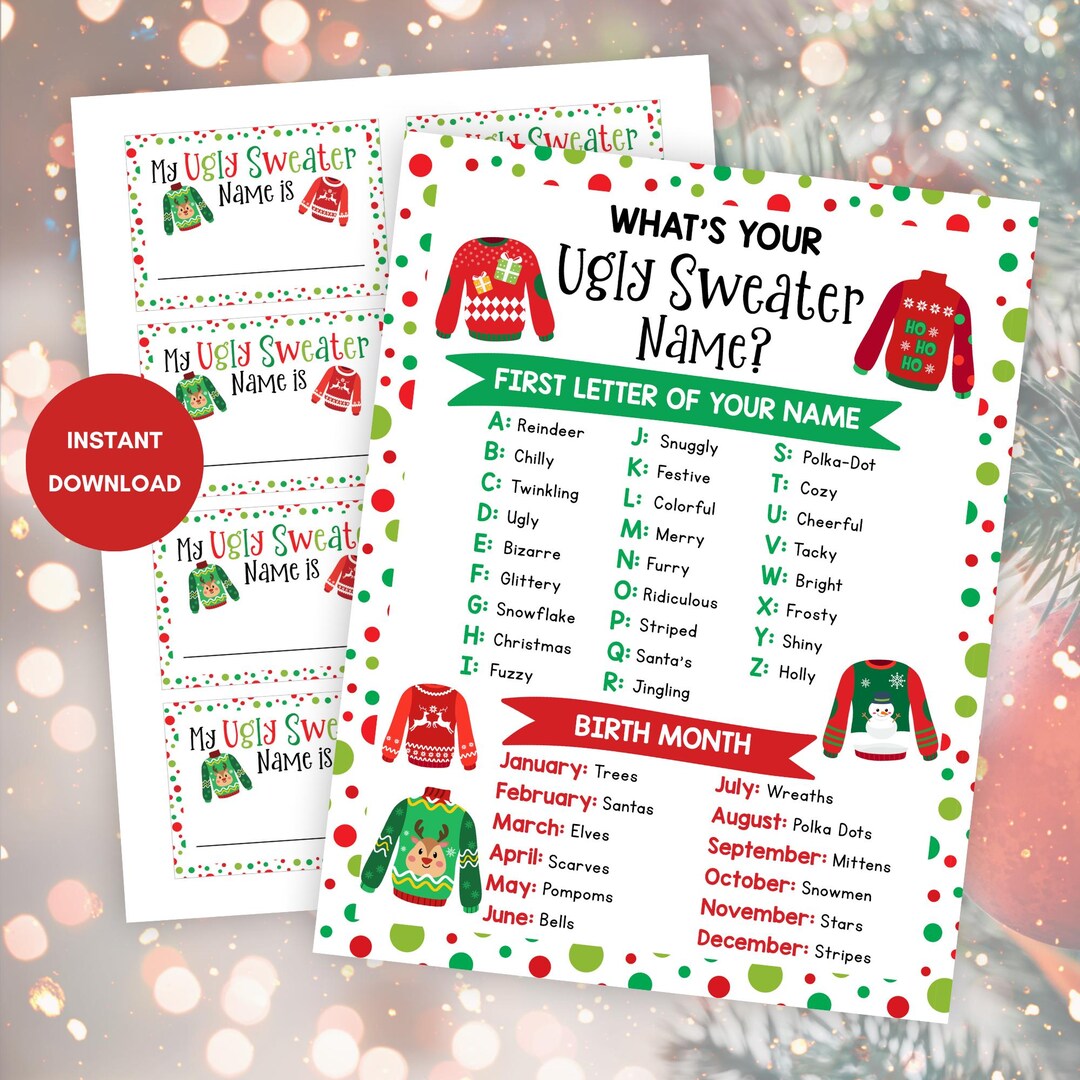 Christmas Game Printable What's Your Ugly Sweater Name, Christmas Party ...