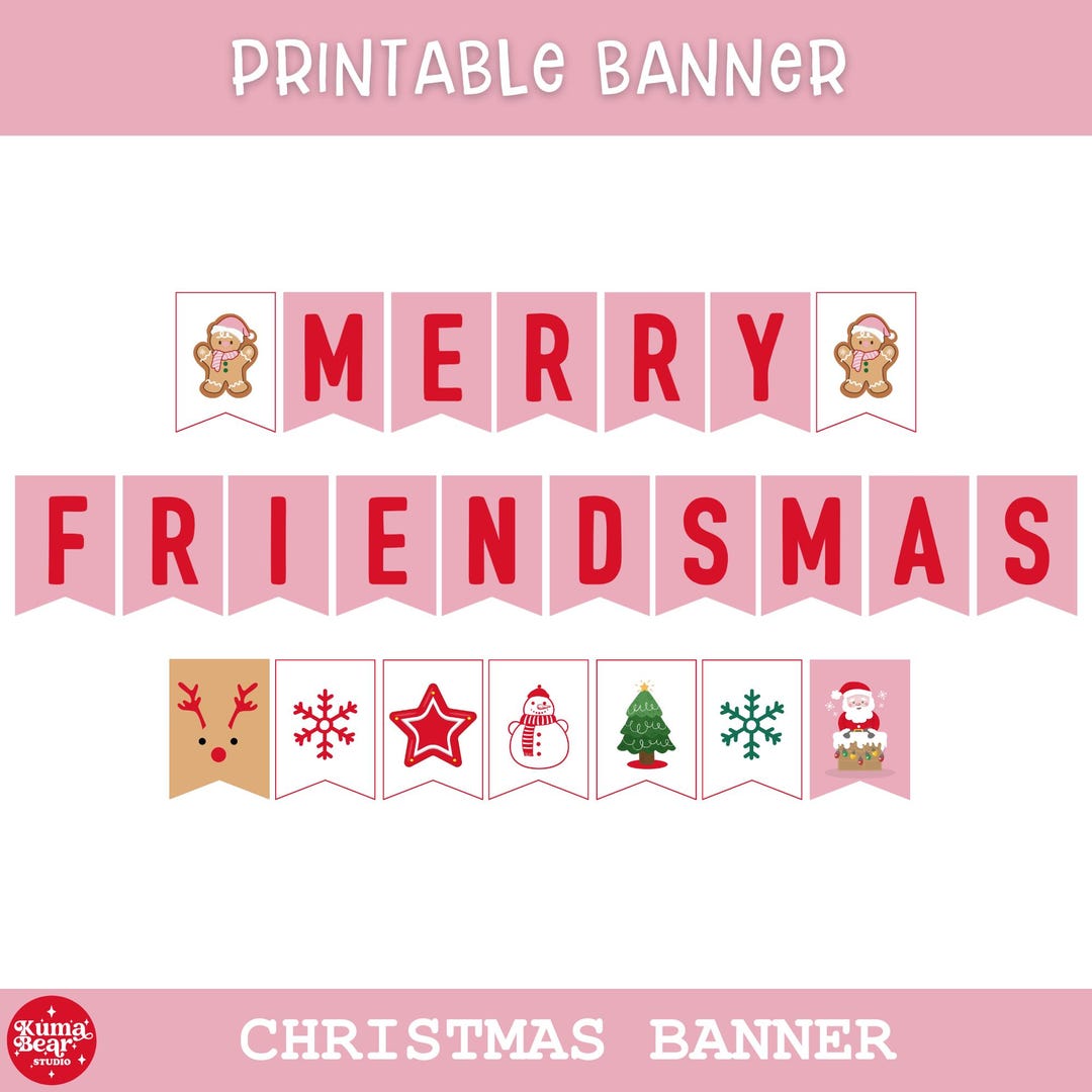 Merry Friendsmas Banner Printable Pink Christmas Banner Garland, Pink ...